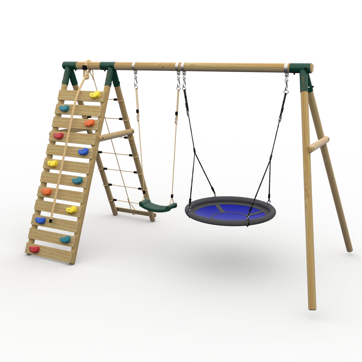 Plum® Uakari™ Wooden Swing Set - Single Swing, Nest Swing & Climbing W ...